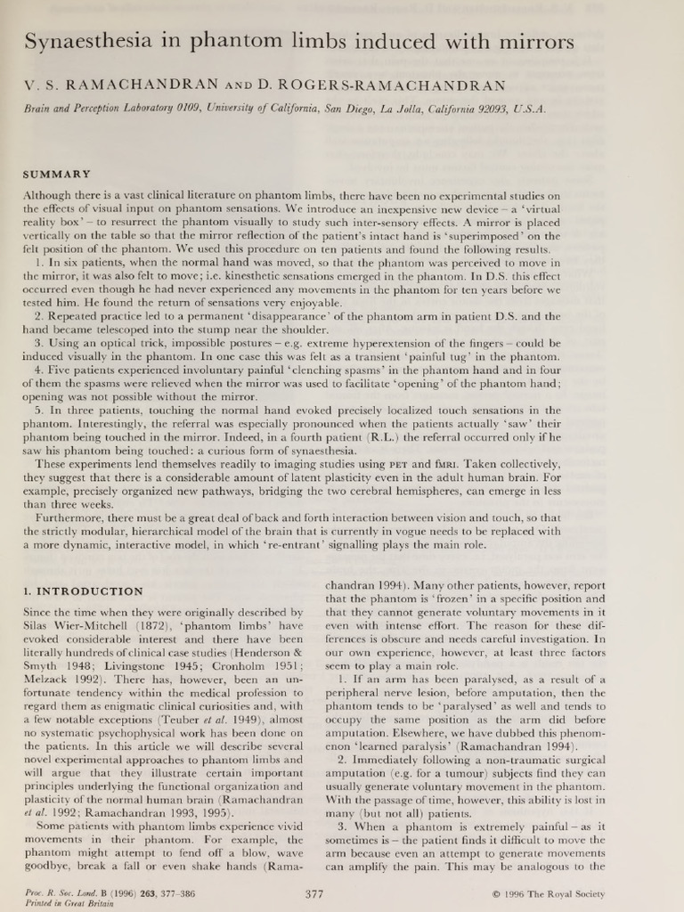 Ramachandran 1996 Synaesthesia in Phantom Limbs Induced With Mirrors | PDF | Amputation | Pain
