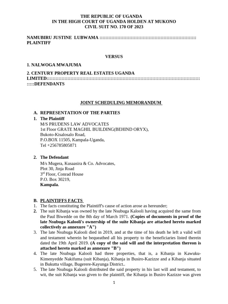 Namubiru JOINT SCHEDULING MEMO | PDF | Lawsuit | Alternative Dispute ...