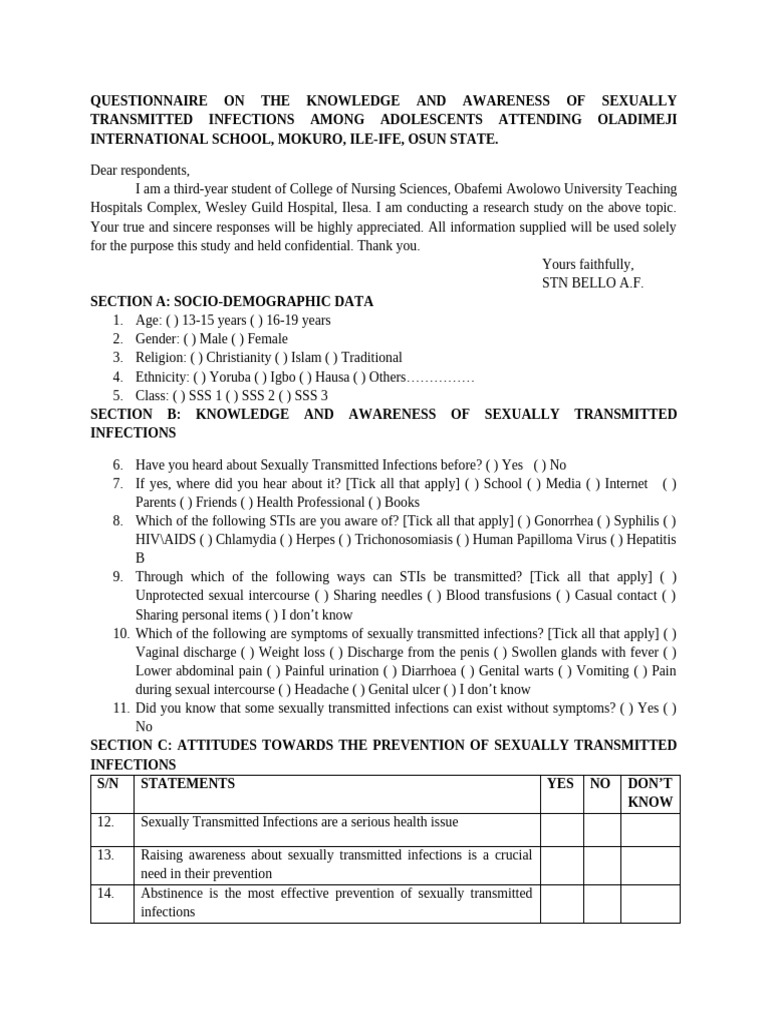 STI Awareness Questionnaire for Teens | PDF | Sexually Transmitted ...