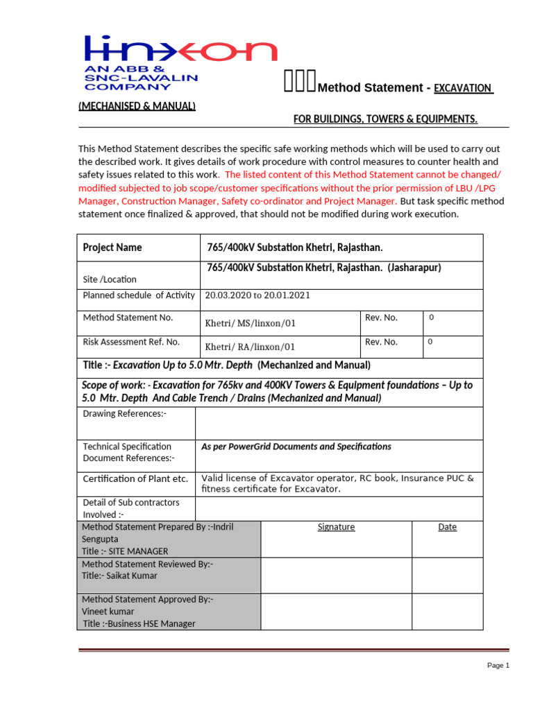 Method Statement - Excavation (Mechanised Manual) Khetri | PDF ...