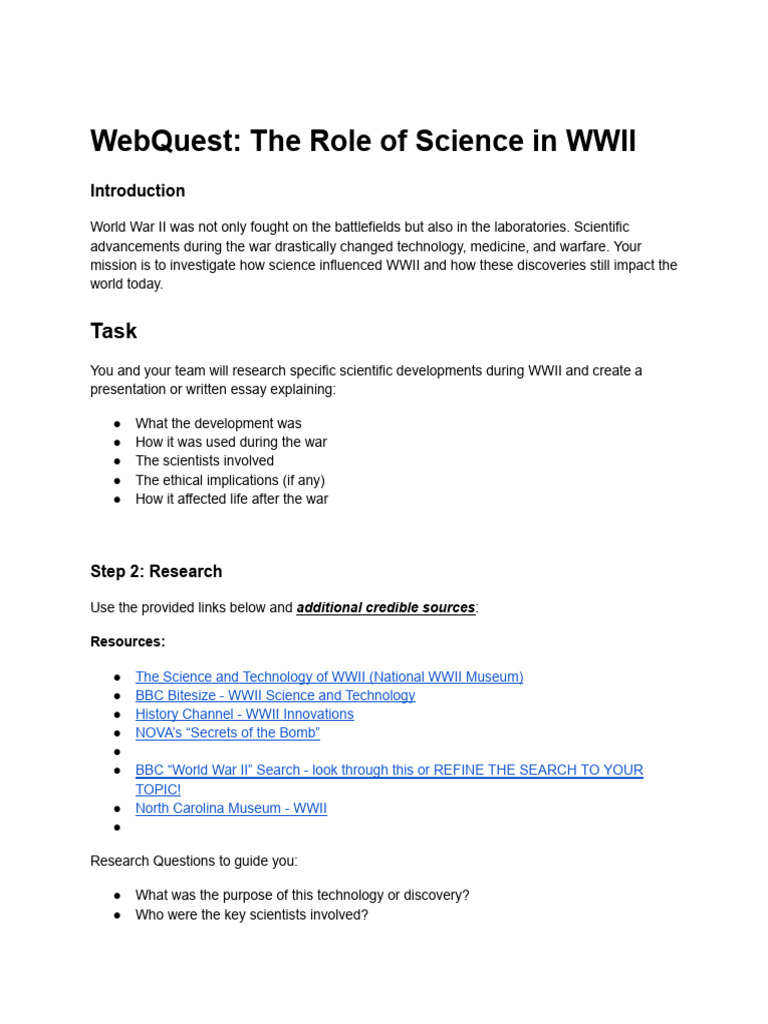 WebQuest - The Role of Science in WWII | PDF | Science | Cognition