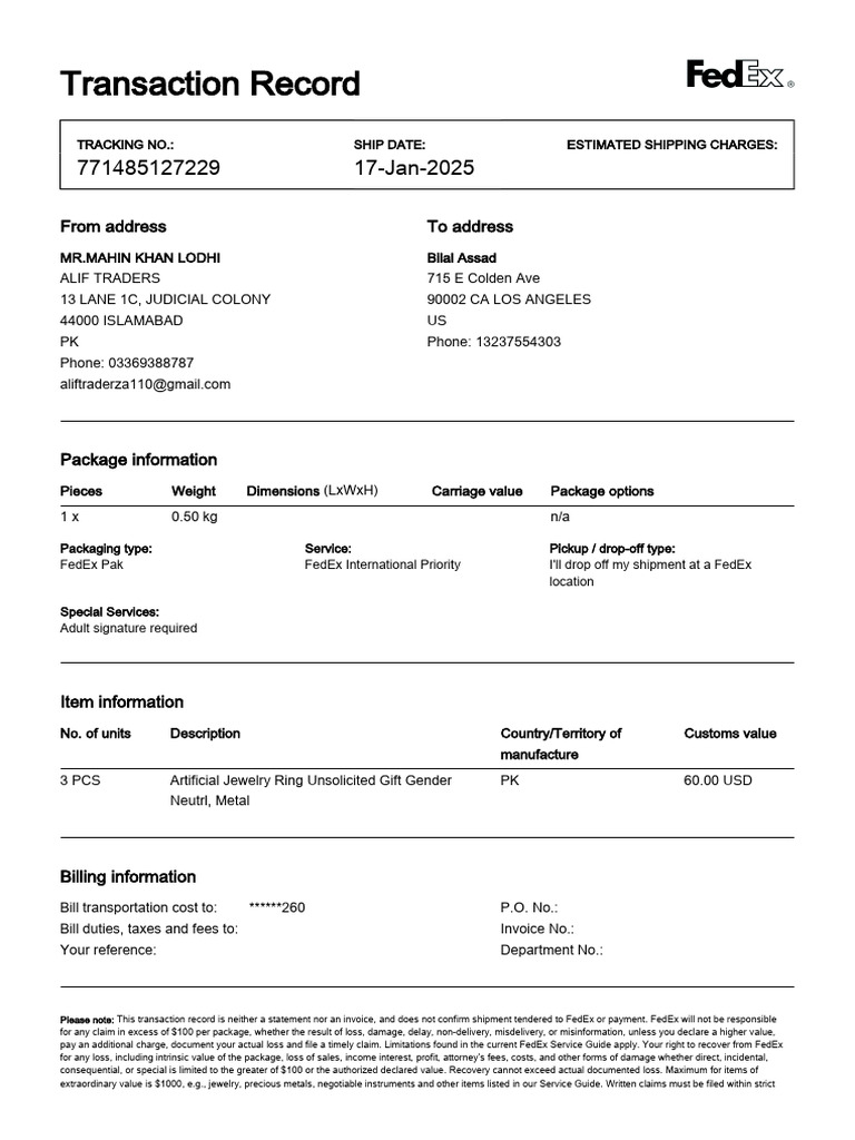 2025 01 16T21!08!56 FedEx Transaction Record | PDF | Fed Ex | Taxes