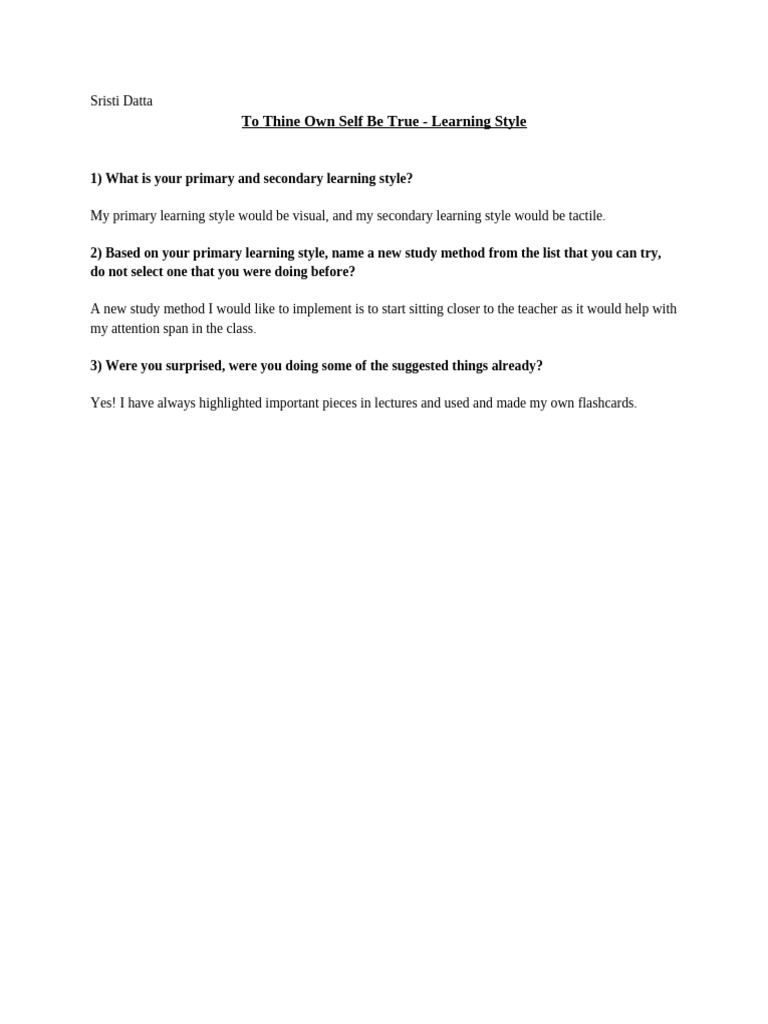 To Thine Own Self Be True - Learning Style | PDF