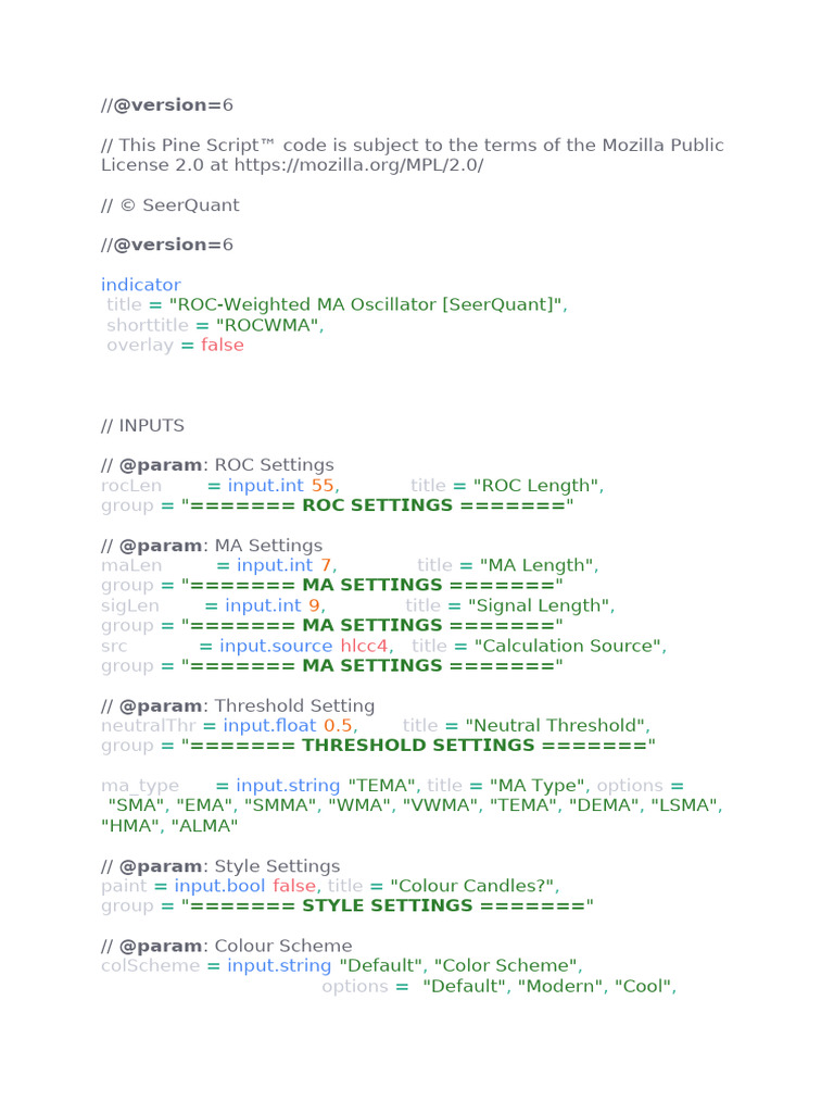 ROC-Weighted MA Oscillator [SeerQuant] | PDF | Computer Programming