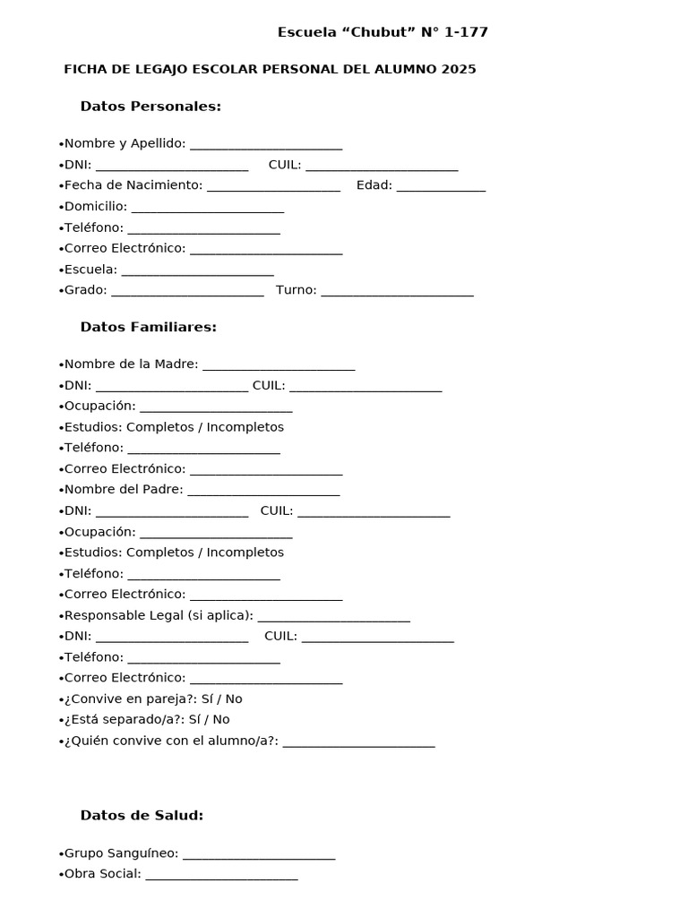 FICHA DE LEGAJO ESCOLAR PERSONAL DEL ALUMNO 2025 | PDF | Ciencias del ...