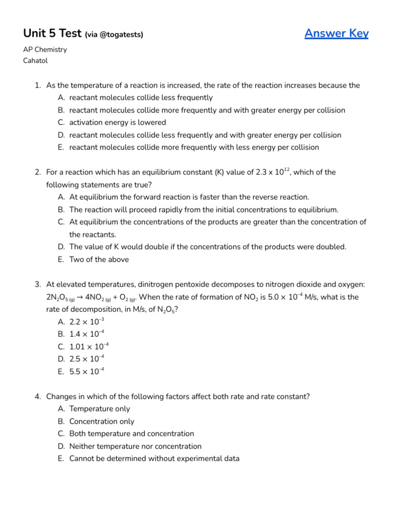 CH05 Unit 5 Test (Cahatol) | PDF | Reaction Rate | Chemical Reactions