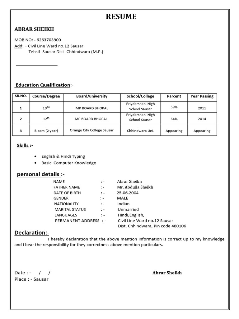 Resume of Abrar Sheikh - Education & Skills | PDF