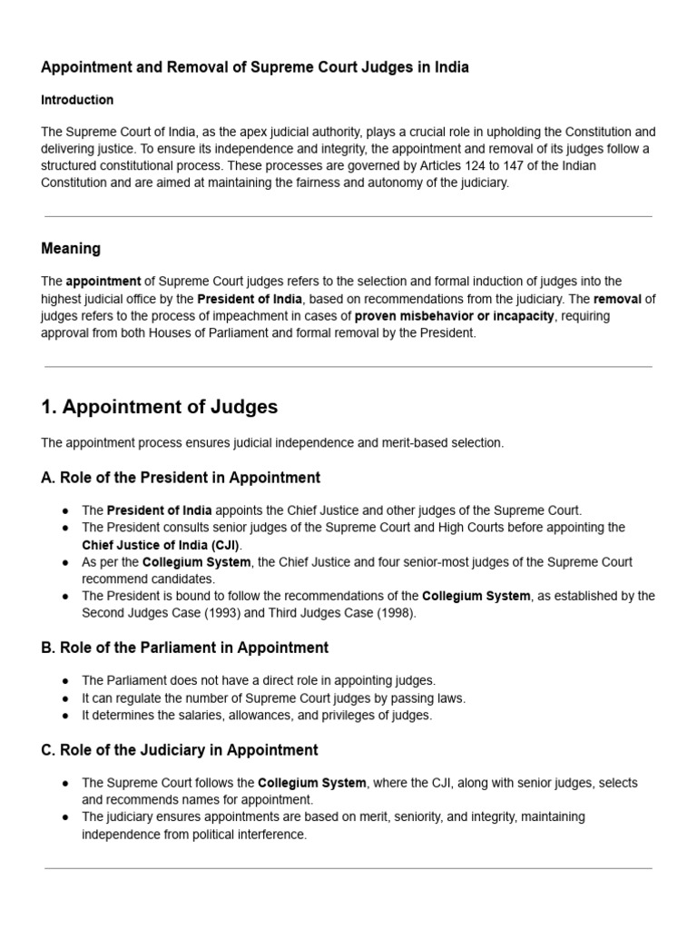 Appointment and Removal of Supreme Court Judges in India-1 | PDF ...