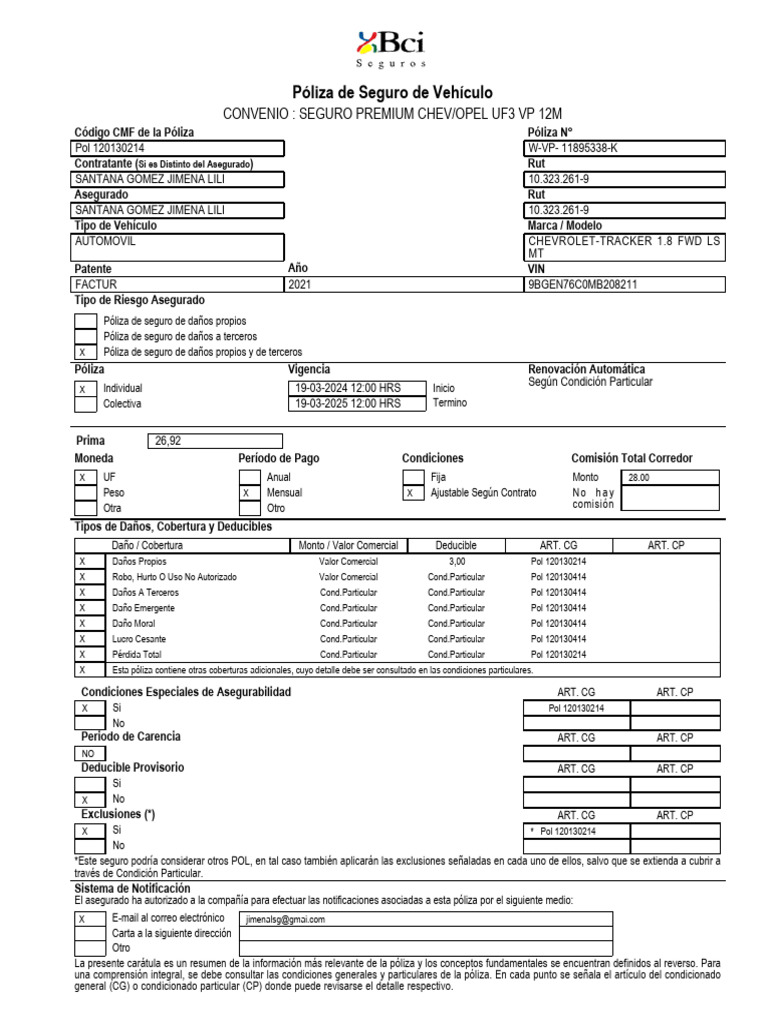 Póliza de Seguro Vehicular Pol 120130214 | PDF | Póliza de seguros | Seguro
