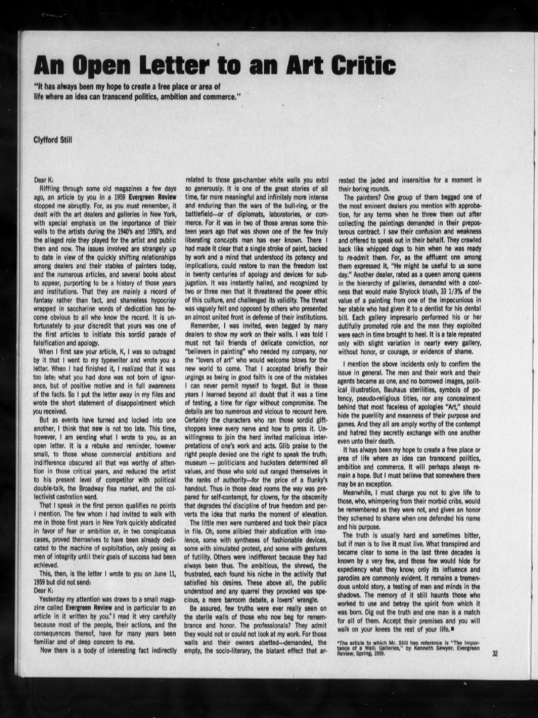 Clyfford Still-An Open Letter To An Art Critic | PDF