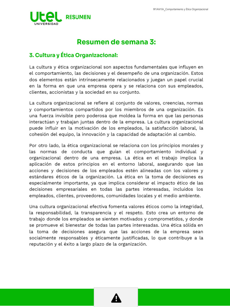 Resumen - S3 - M1AN104 - Comportamiento y Etica Organizacional | PDF | Cultura organizacional ...
