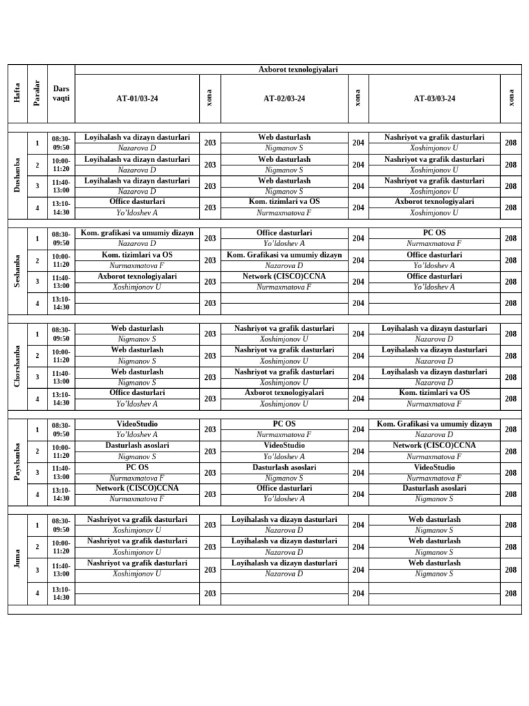 AT-03.24 Dars Jadvali | PDF