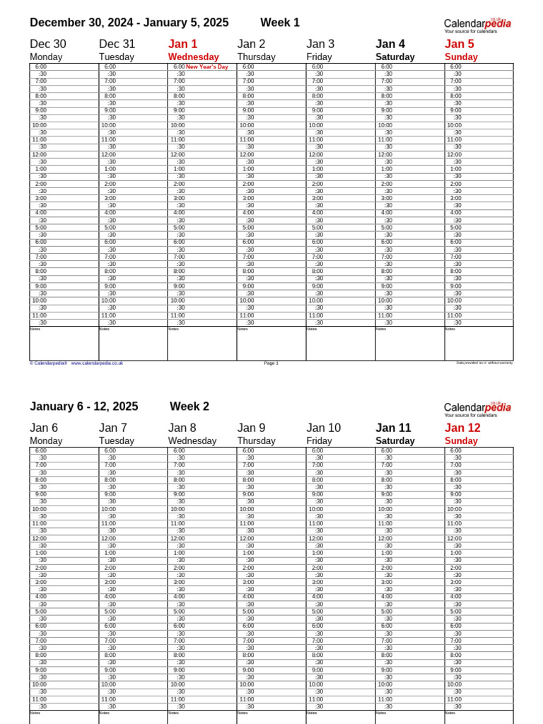 Weekly Calendar 2025 Landscape Time Management 30 Minutes | PDF