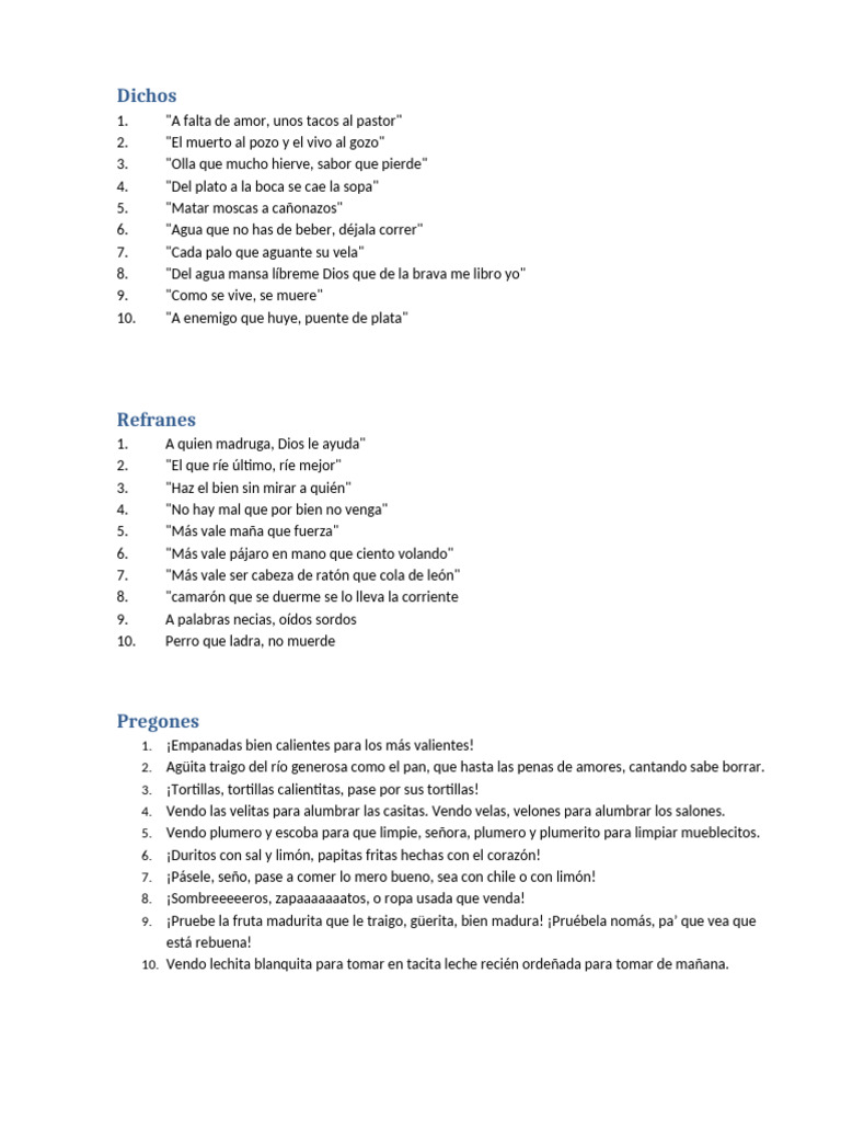 Dichos, Refranes y Pregones Populares | PDF