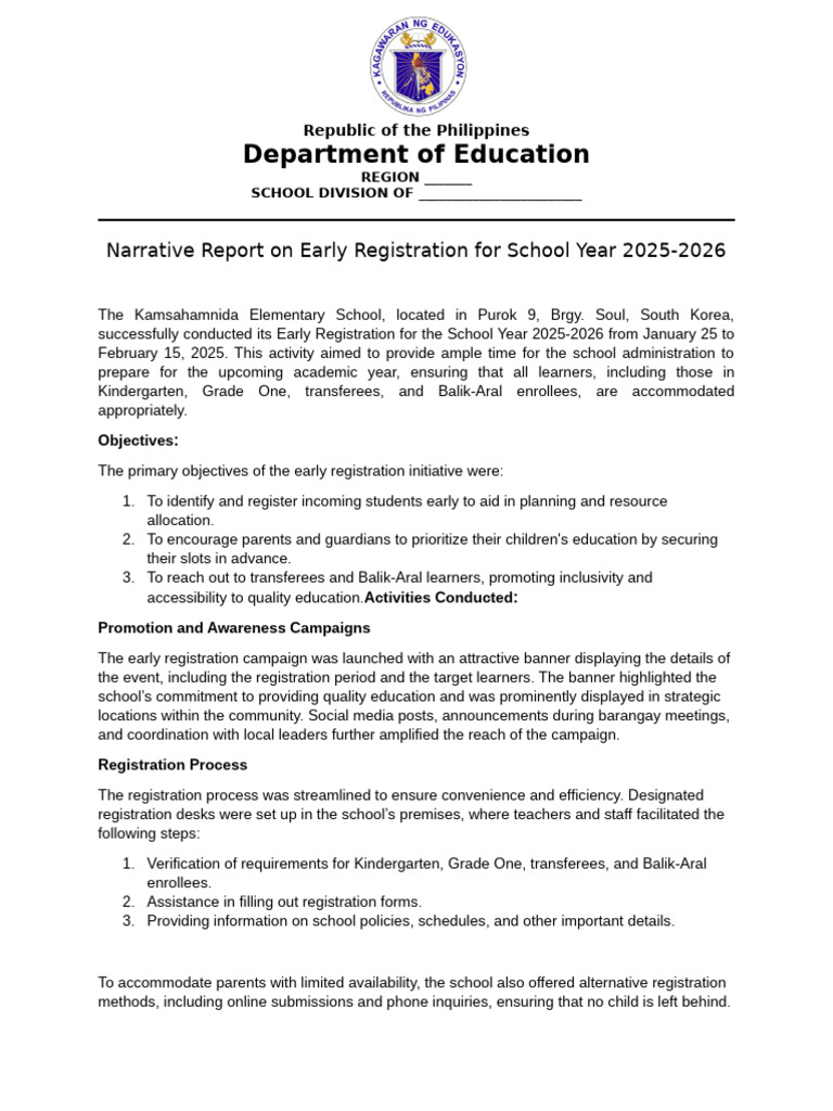 Narrative Early Registration | PDF