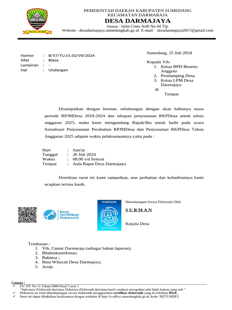 Surat - Undangan - Penyusunan RPJMDesa Dan RKPDesa 2025 | PDF