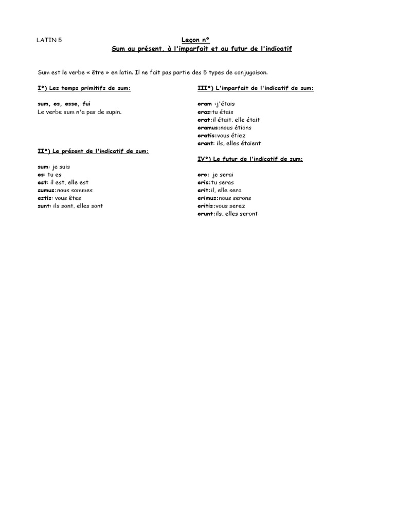 Conjugaison du verbe "sum" en latin | PDF