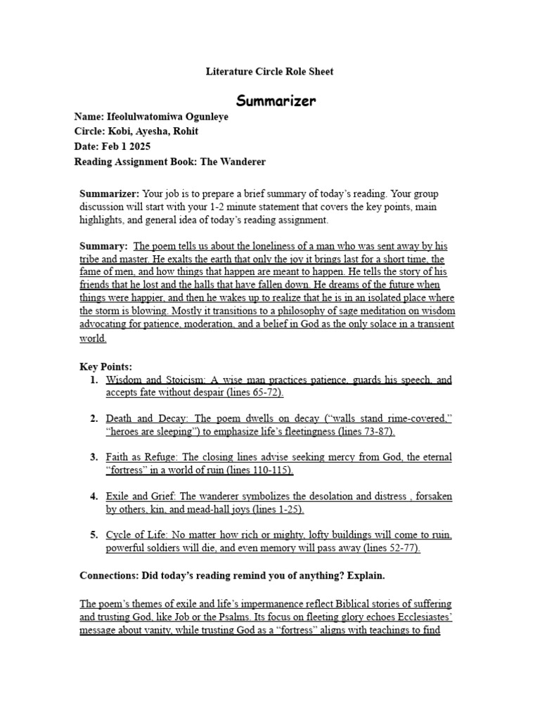 Literature Circle Role Sheet (Summarizer and Questioner) | PDF