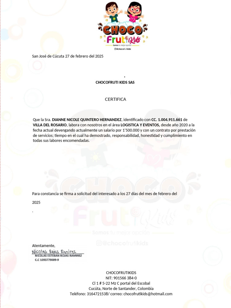 Certificación Laboral de Dianne Quintero | PDF