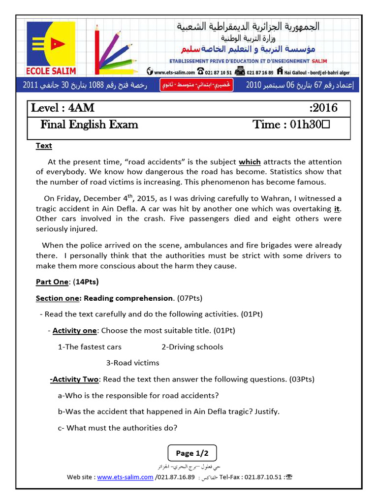 Dzexams 4am Anglais t3 20161 296622 | PDF | Traffic Collision