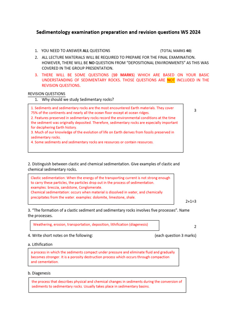 Sedimentology Exam Prep Questions 2024 | PDF | Clastic Rock ...