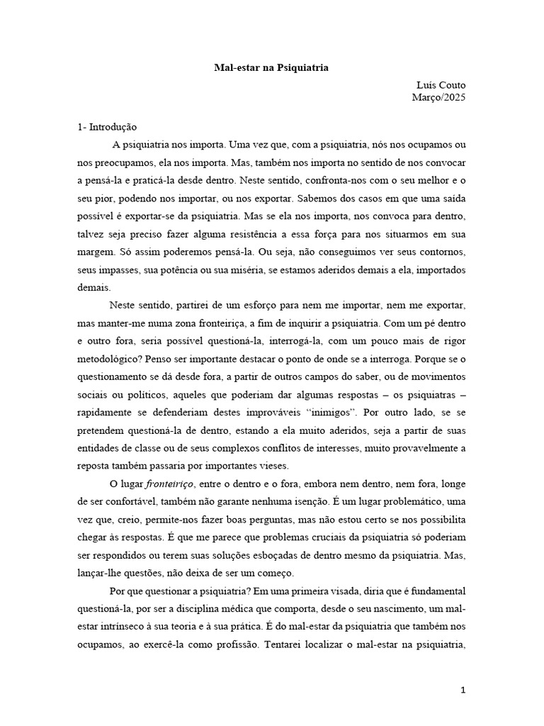 Mal-estar e Crítica na Psiquiatria | PDF | Pensamento | Genética