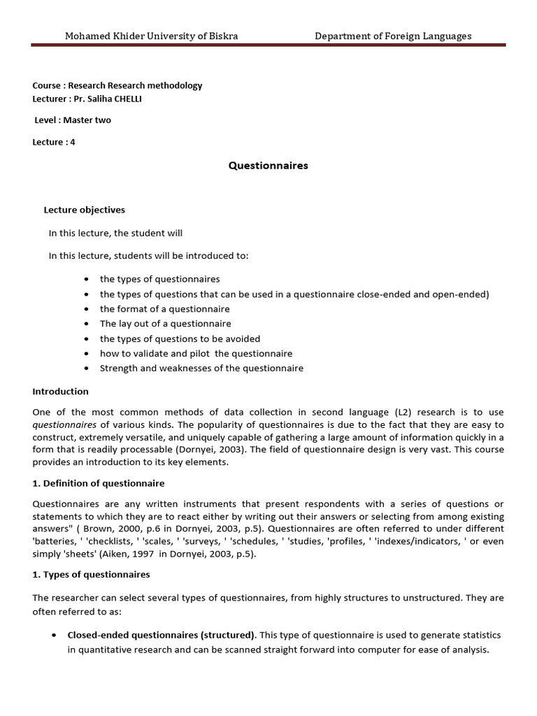 Lecture 4 - Questionnaire (Word | PDF | Questionnaire | Likert Scale