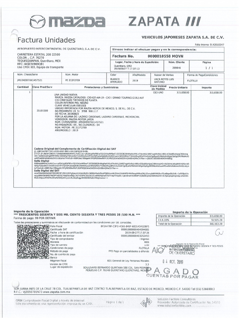 Factura Mazda 2020 2019 | PDF