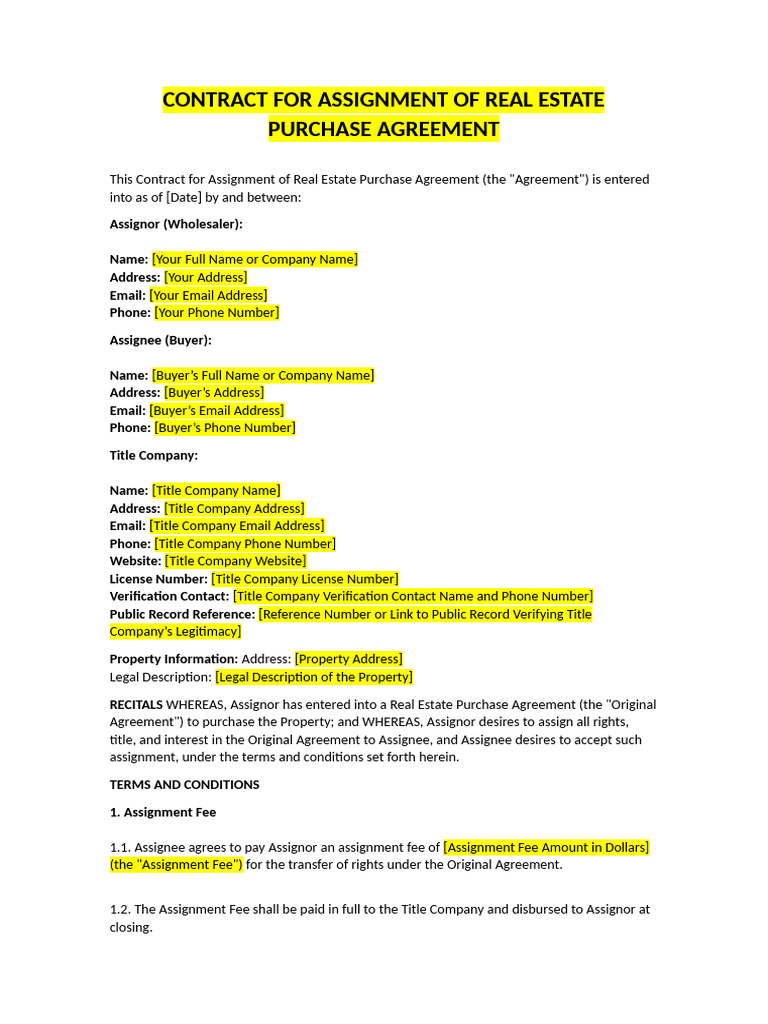 Contract For Assignment of Real Estate Purchase Agreement | PDF ...