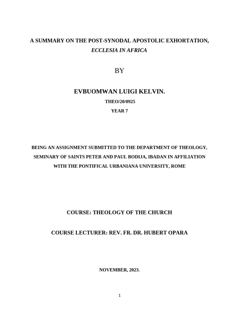 Summary of Ecclesia in Africa Exhortation | PDF | Catholic Church ...