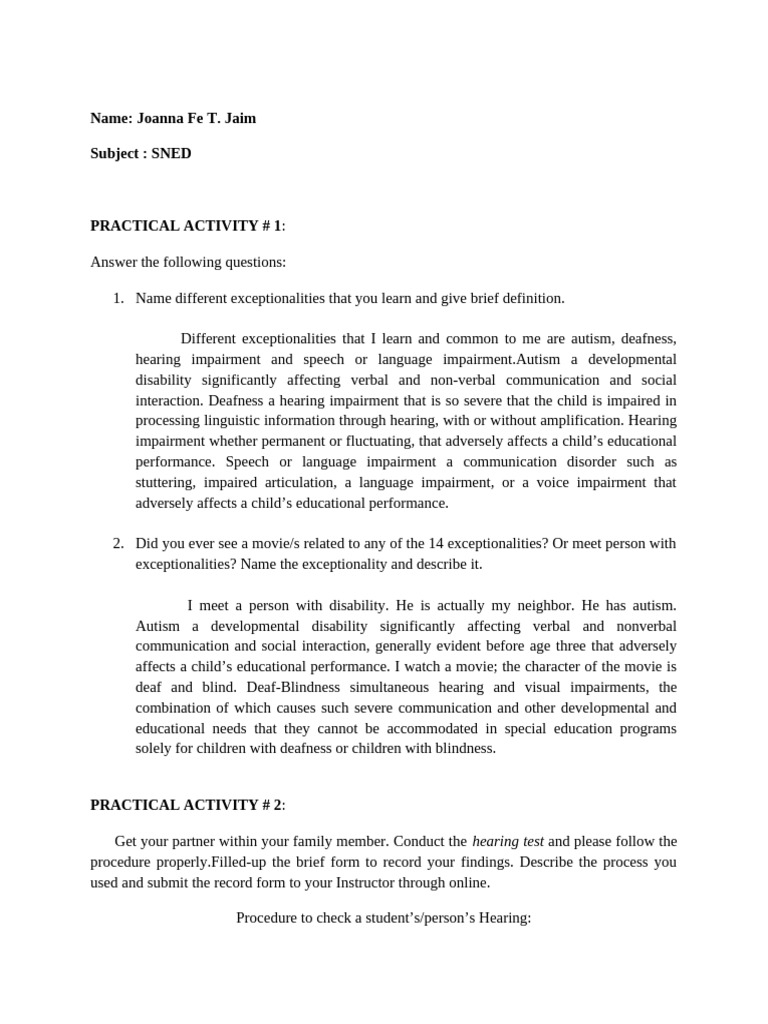 Practical Activity - Sned - Jaim | PDF | Hearing | Hearing Loss