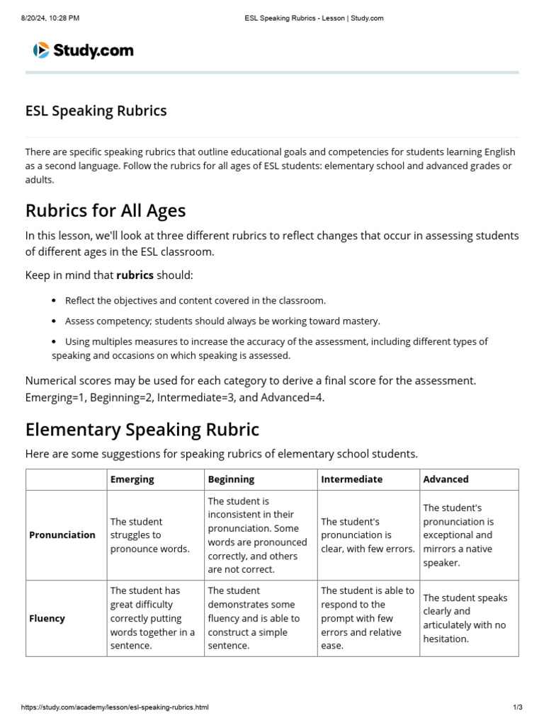 ESL Speaking Rubrics - Lesson _ Study.com | PDF | English As A Second Or Foreign Language ...