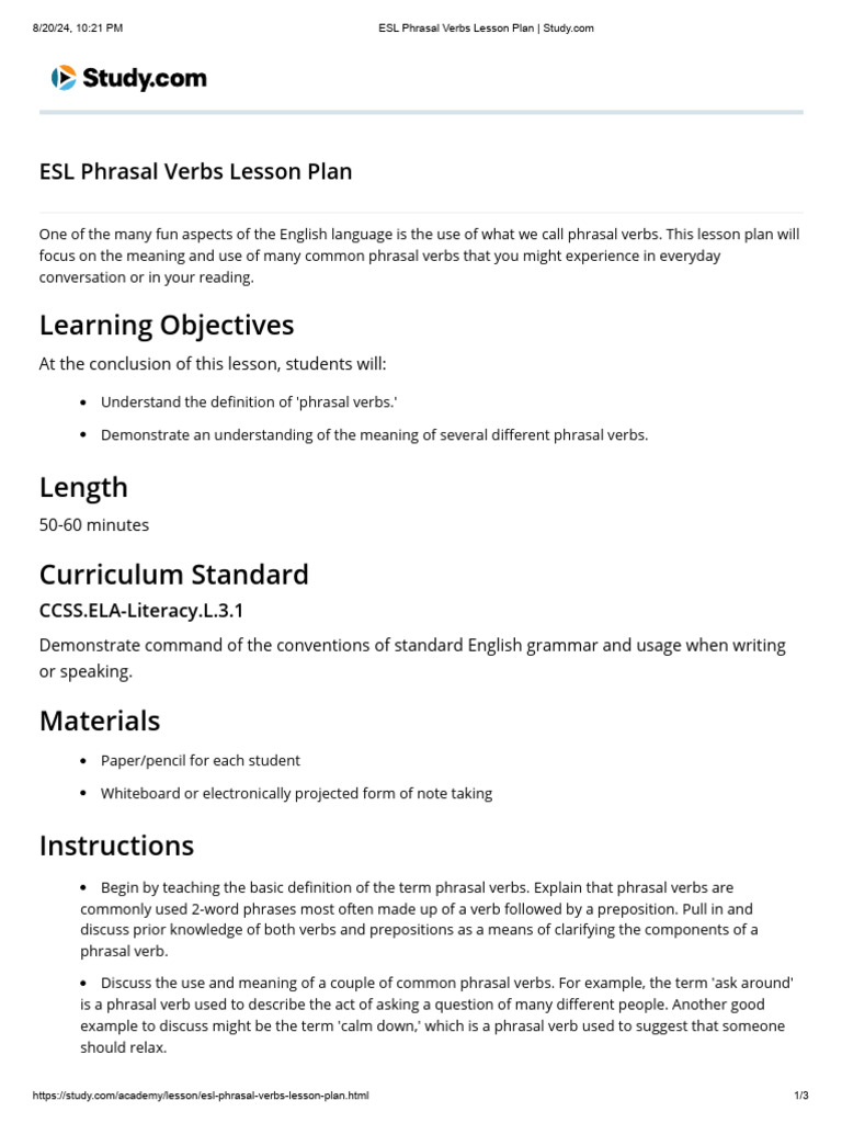 ESL Phrasal Verbs Lesson Plan _ Study.com | PDF | English Language ...