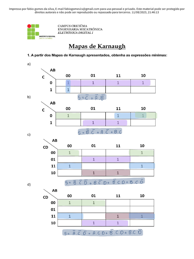 (Resolvida) Lista de Exercícios - Mapa de Karnaugh Passei Direto | PDF