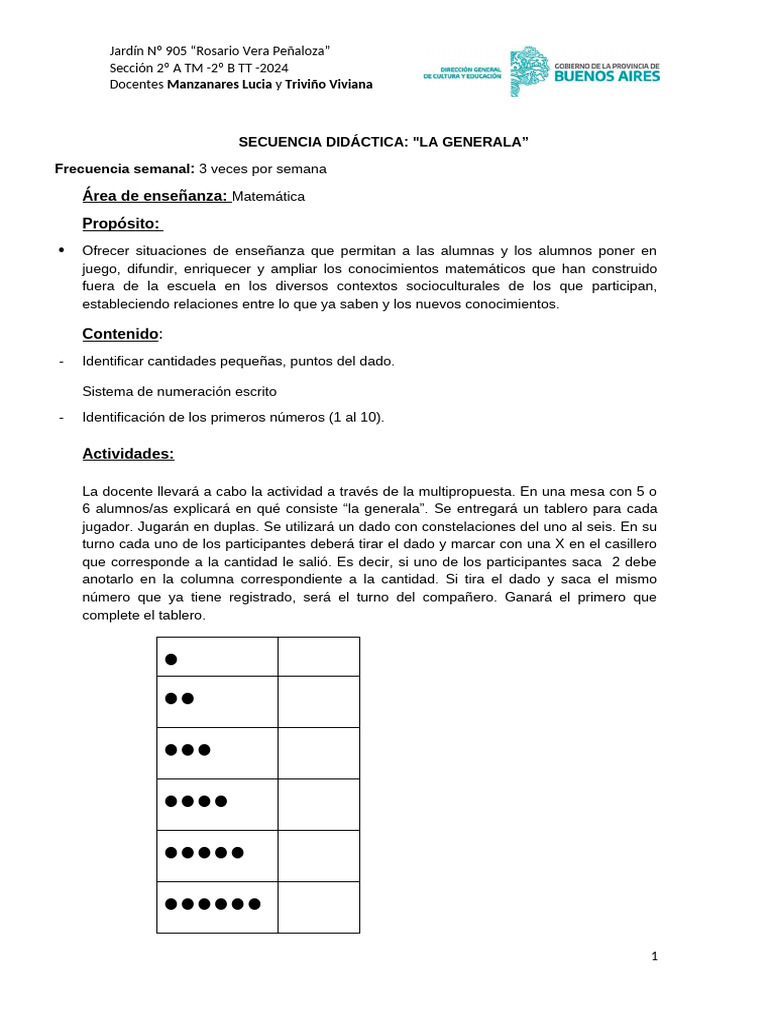 Secuencia Didactica La Generala 2024 | PDF | Enseñando | Aprendizaje