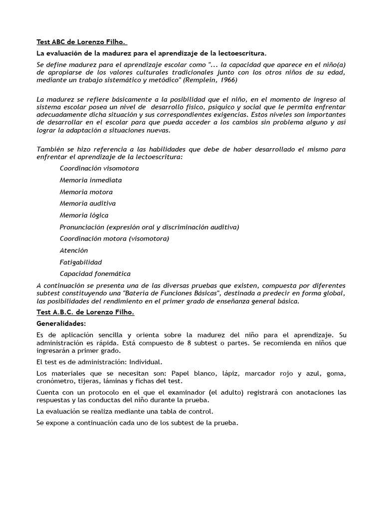 Test ABC de Lorenzo Filho: Evaluación Escolar | PDF | Aprendizaje | Memoria