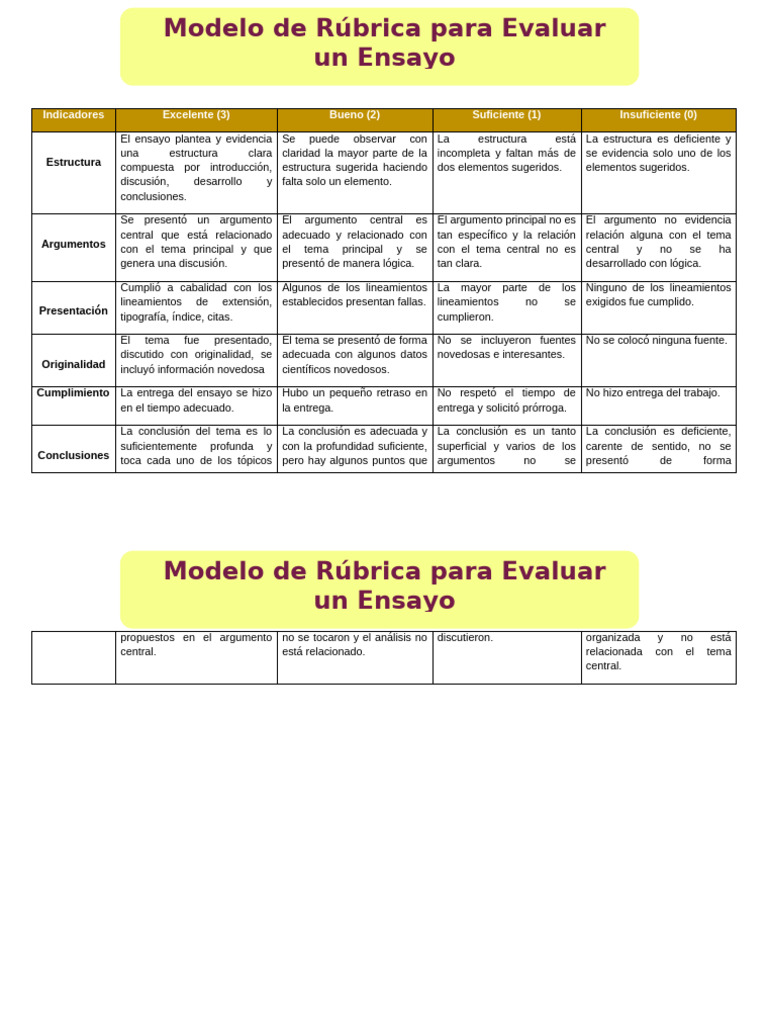 Modelo Rubrica Evaluar Ensayo | PDF | Ensayos