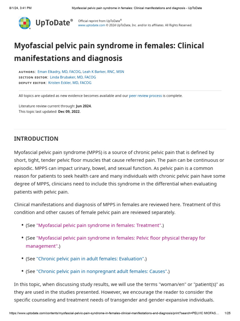 Myofascial Pelvic Pain Syndrome in Females - Clinical Manifestations and Diagnosis - UpToDate ...