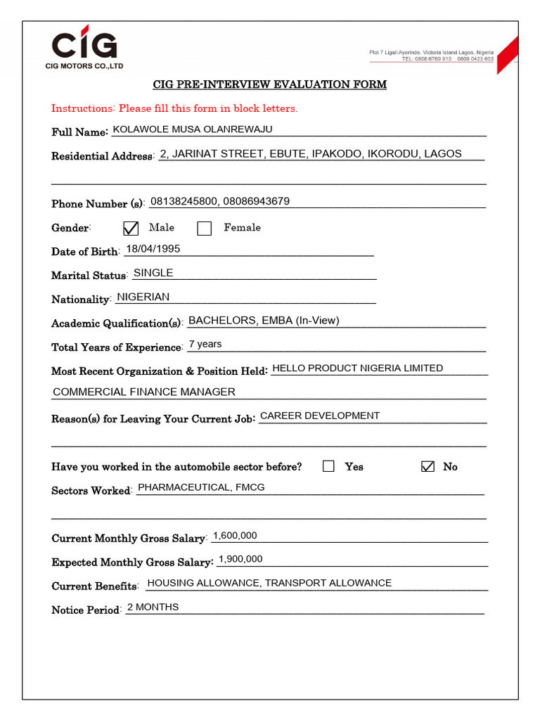 Cig Pre-Interview Form | PDF