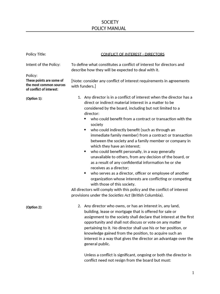Conflict of Interest Policy for Directors | PDF | Conflict Of Interest ...