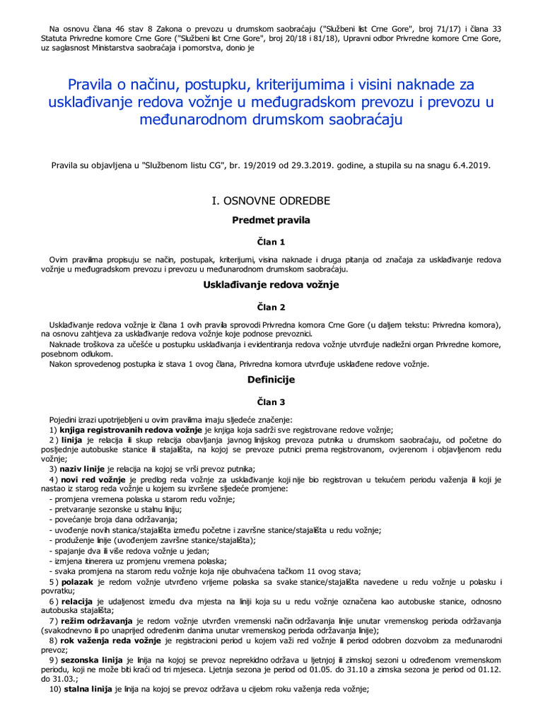 Pravila o Nacinu Postupku Kriterijumima i Visini Naknade Za Uskladivanje Redova Voznje u ...
