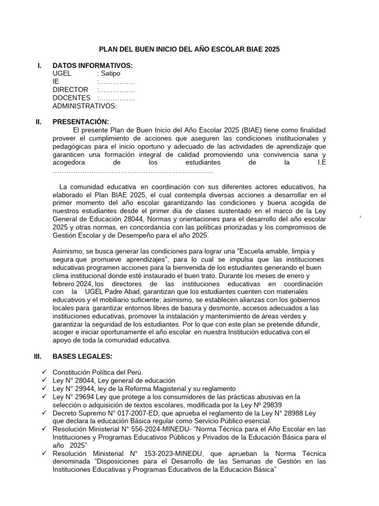 Plan BIAE 2025: Buen Inicio Escolar | PDF | Educación primaria | Escuelas