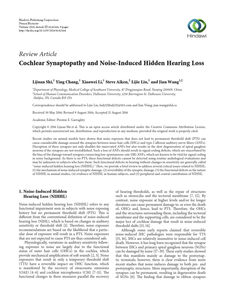 Shi2016 Cochlear Synaptopathy and Noise Induced Hidden Hearing Loss ...