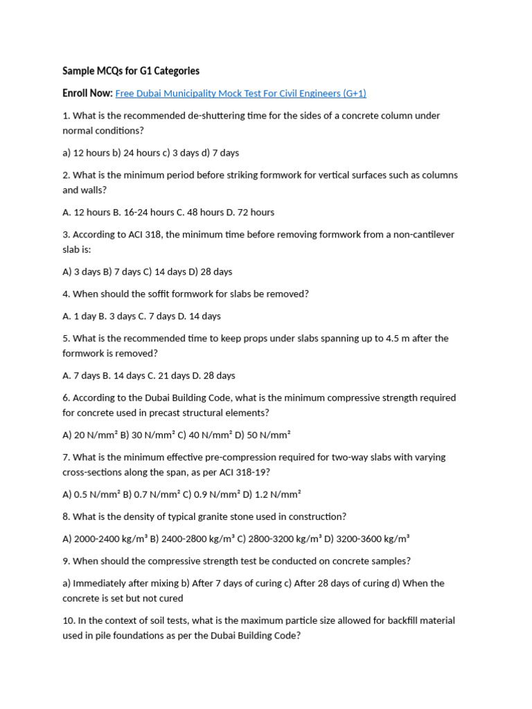 Sample MCQs For G1 Categories | PDF | Concrete | Deep Foundation