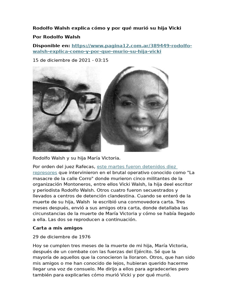 Rodolfo Walsh explica cómo y por qué murió su hija Vicki | PDF