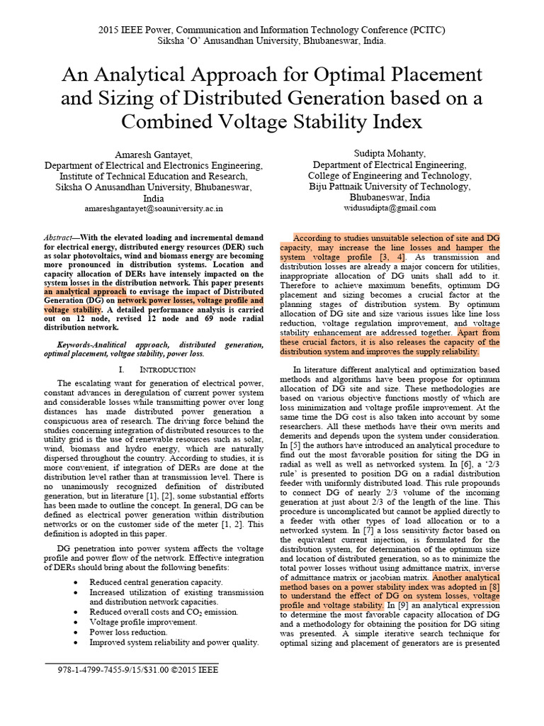 An Analytical Approach For Optimal Placement And Sizing Of Distributed Generation Based On A