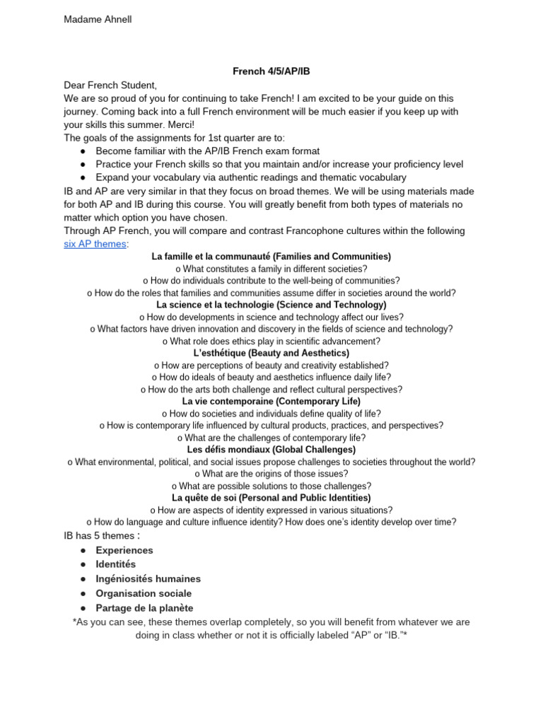 Summer Assignment French 3 - 4 - 5 - AP - IB - 24 3 | PDF | Science