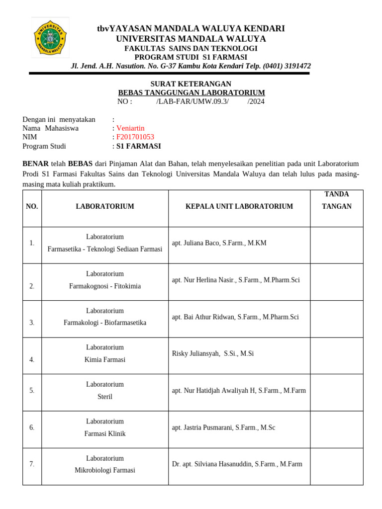 Surat Bebas Lab. 2024 | PDF