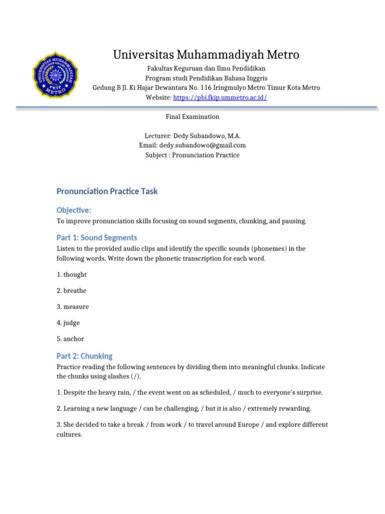 Pronunciation Practice Task | PDF | Linguistics | Orthography