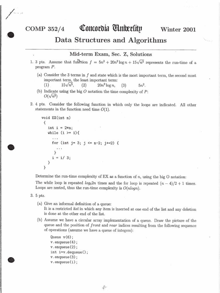 Comp 352 Midterm w Solutions | PDF
